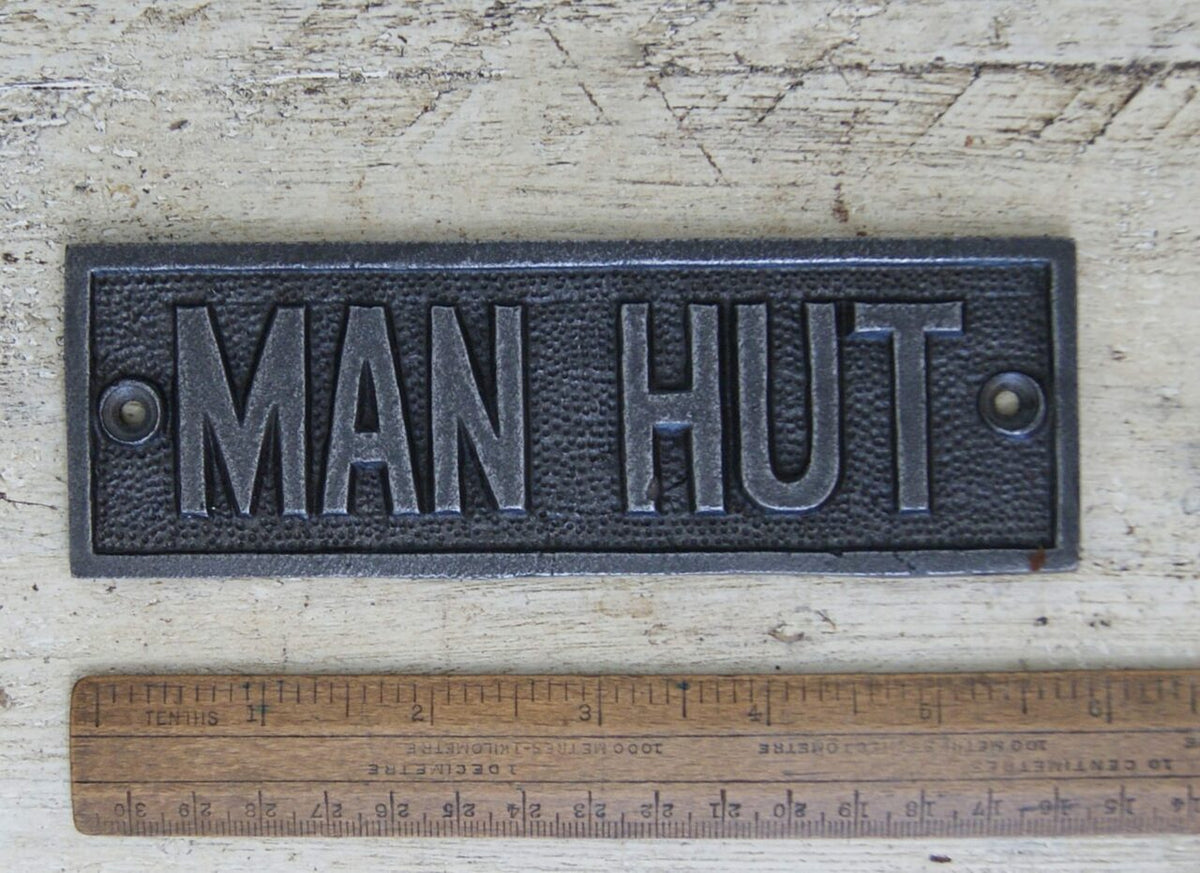 Plaque MAN HUT Antique Cast Iron 50mm x 150mm – Cottingham Collection